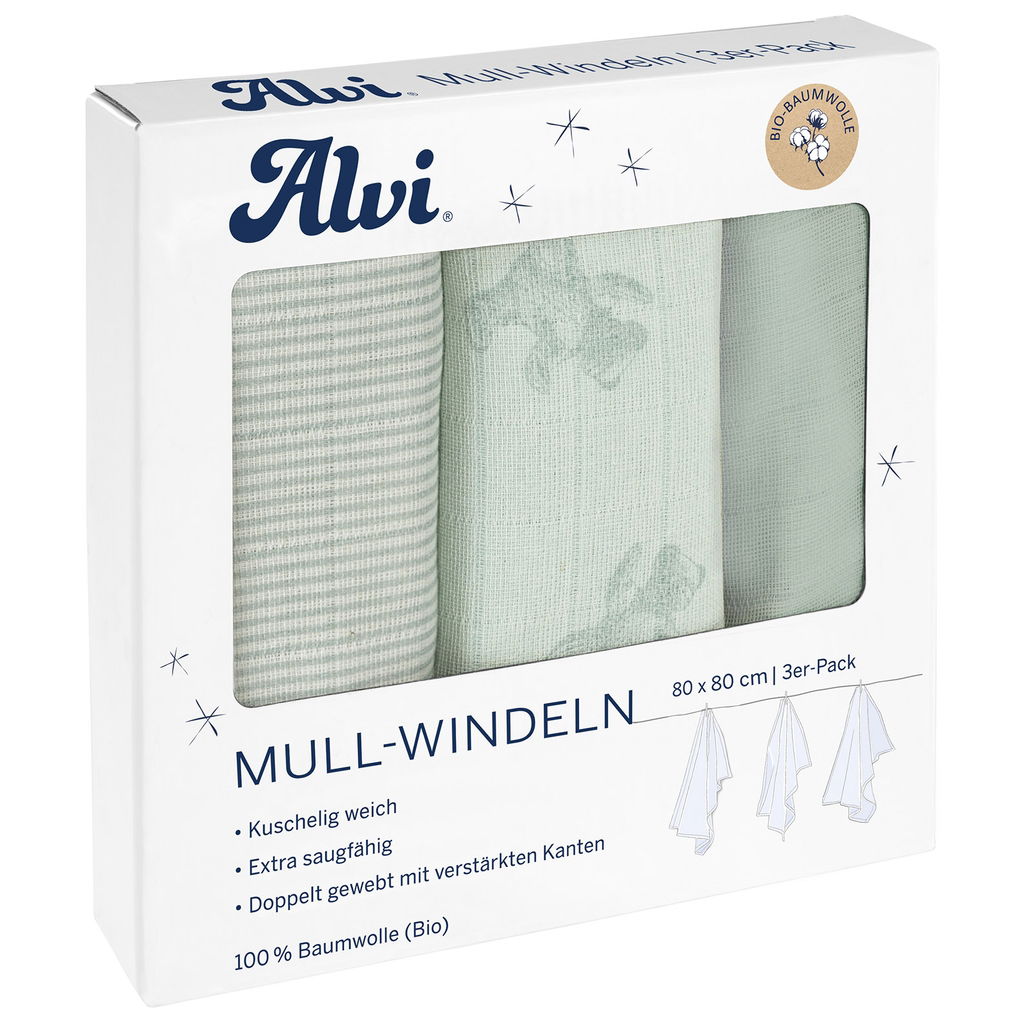 Alvi Bio-Mullwindeln 3er Set, 100% Baumwolle, 80x80 cm